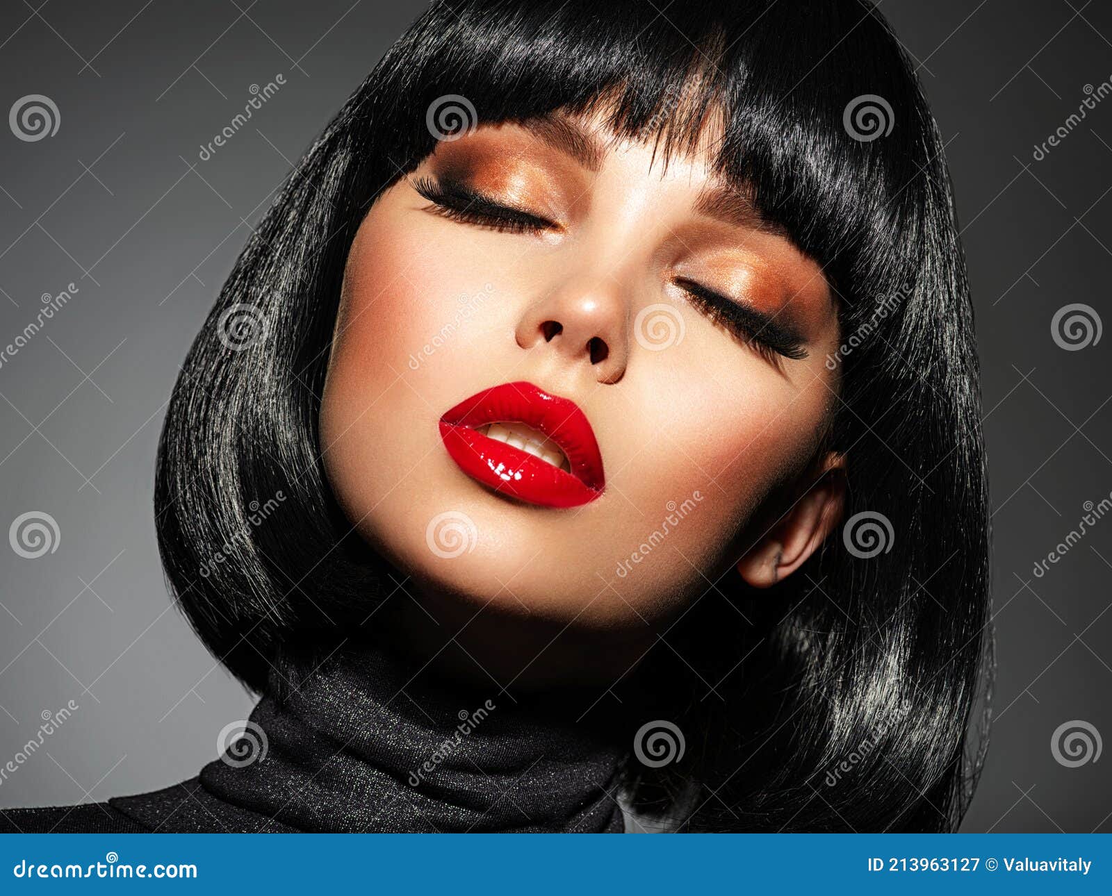 Beautiful Brunette Girl With Red Lips And Black Bob Hairstyle Pretty