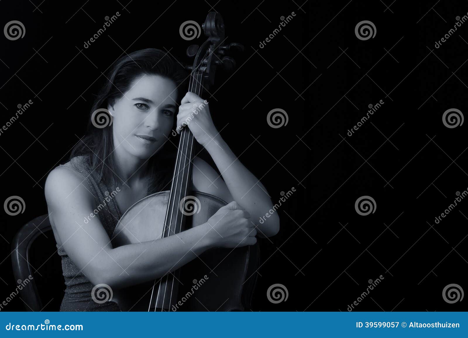 Beautiful Brunette Holding Cello with Selective Light in Red Dress ...