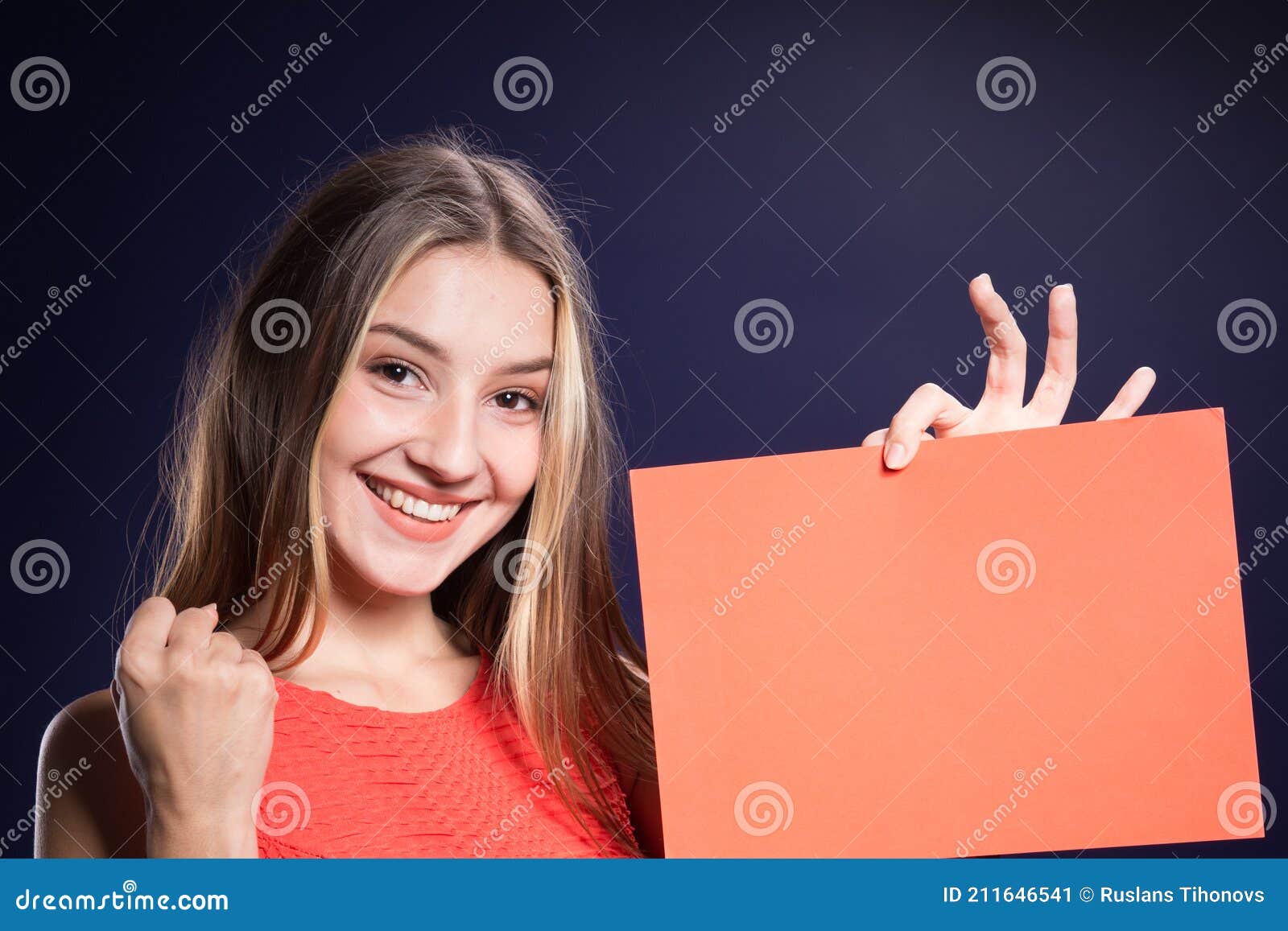 Beautiful Brunette Holds a Colored Blank Page. Stock Image - Image of ...
