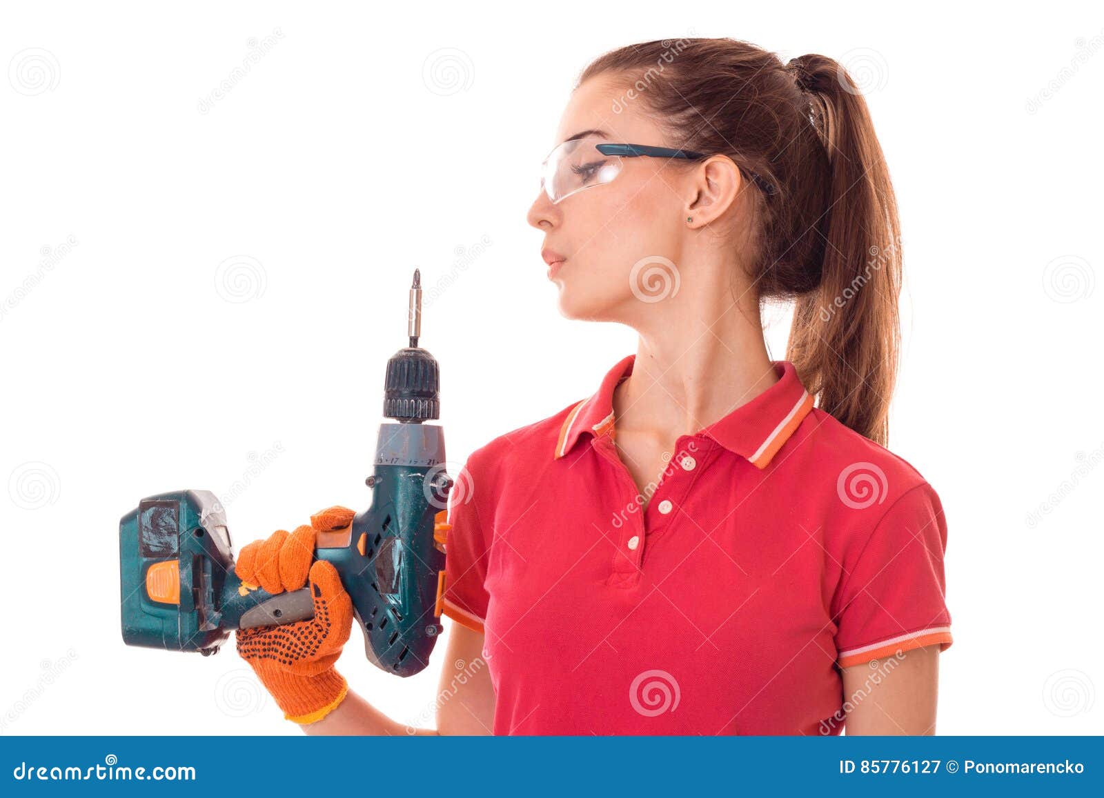 Beautiful Brunette Lady Builder Makes Renovation Isolated on White ...