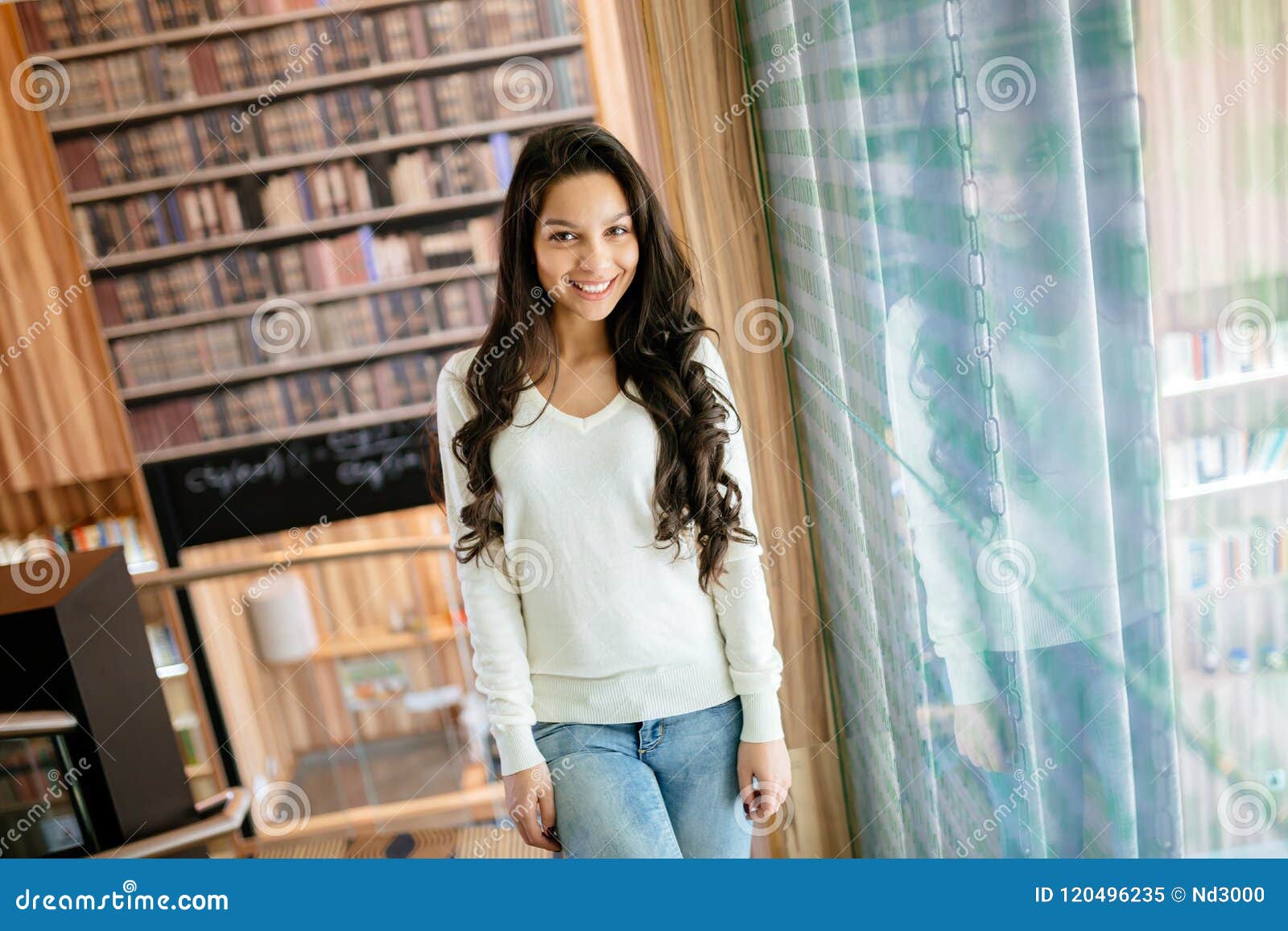 Beautiful Brunette in Library Stock Image - Image of brunette, indoors ...