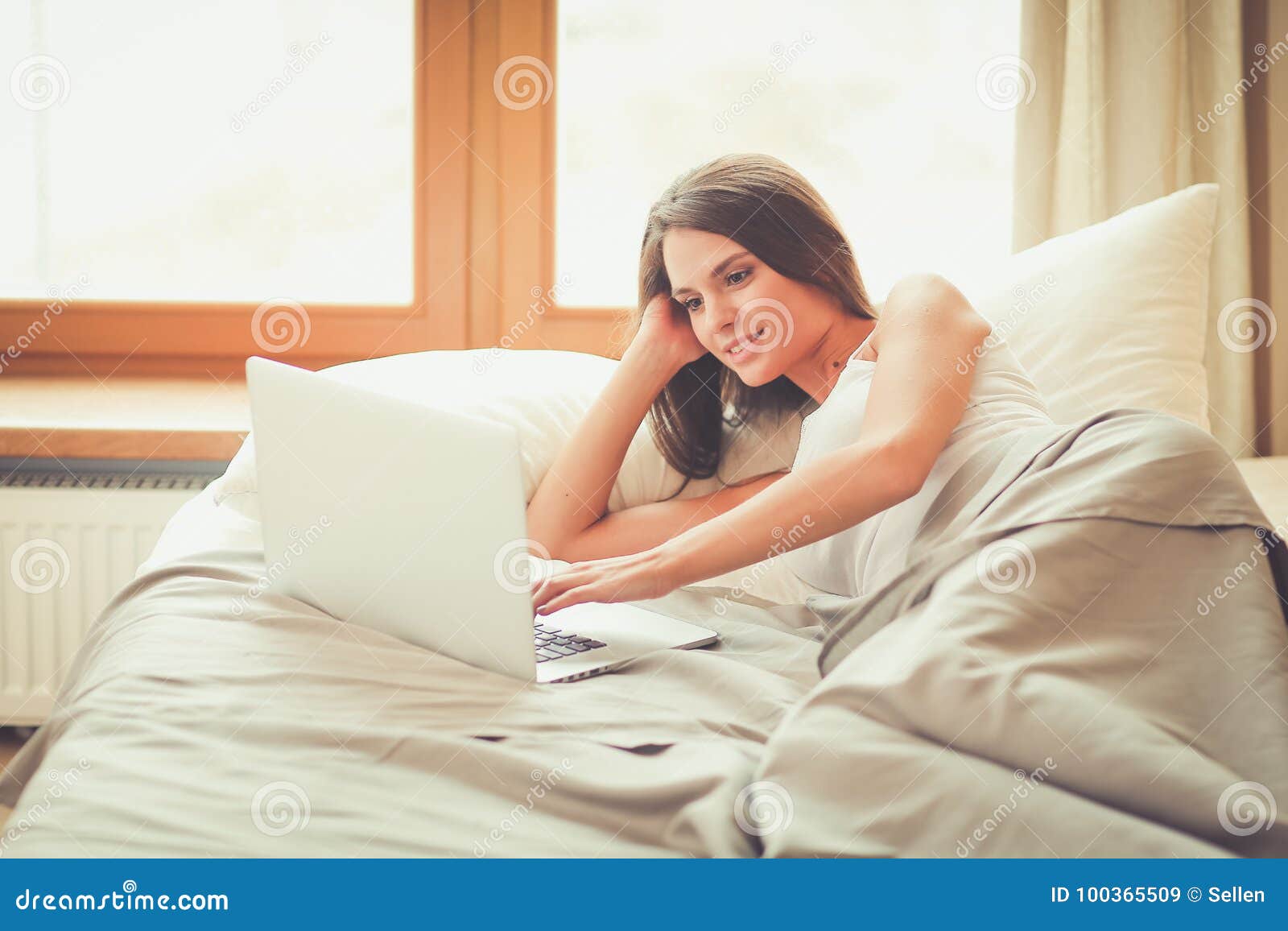 Beautiful Brunette Lying On Bed At Home Stock Image Image Of Beauty