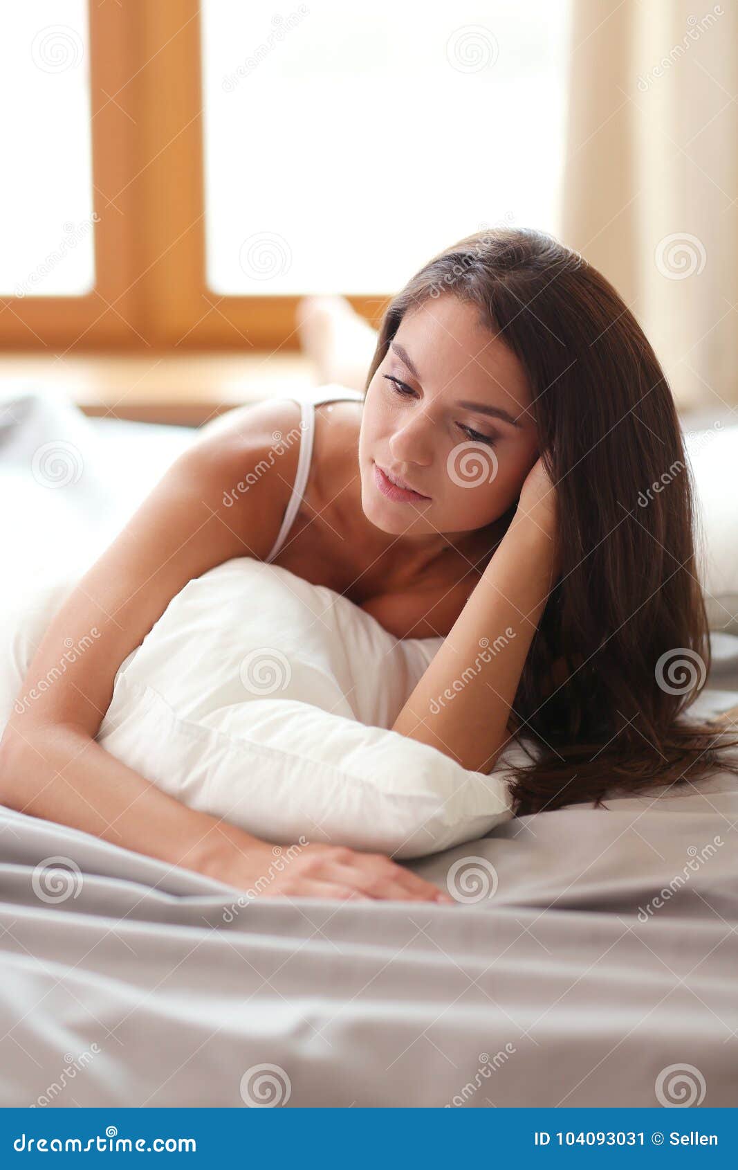 Beautiful Brunette Lying On Bed At Home Stock Image Image Of Brunette