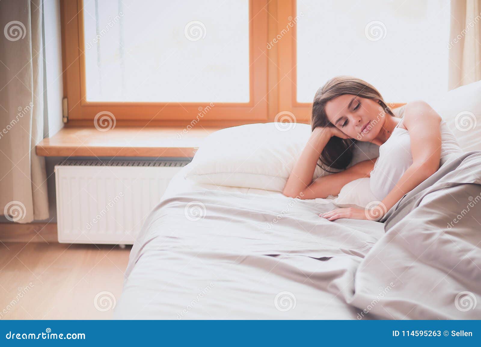 Beautiful Brunette Lying On Bed At Home Stock Image Image Of Breast