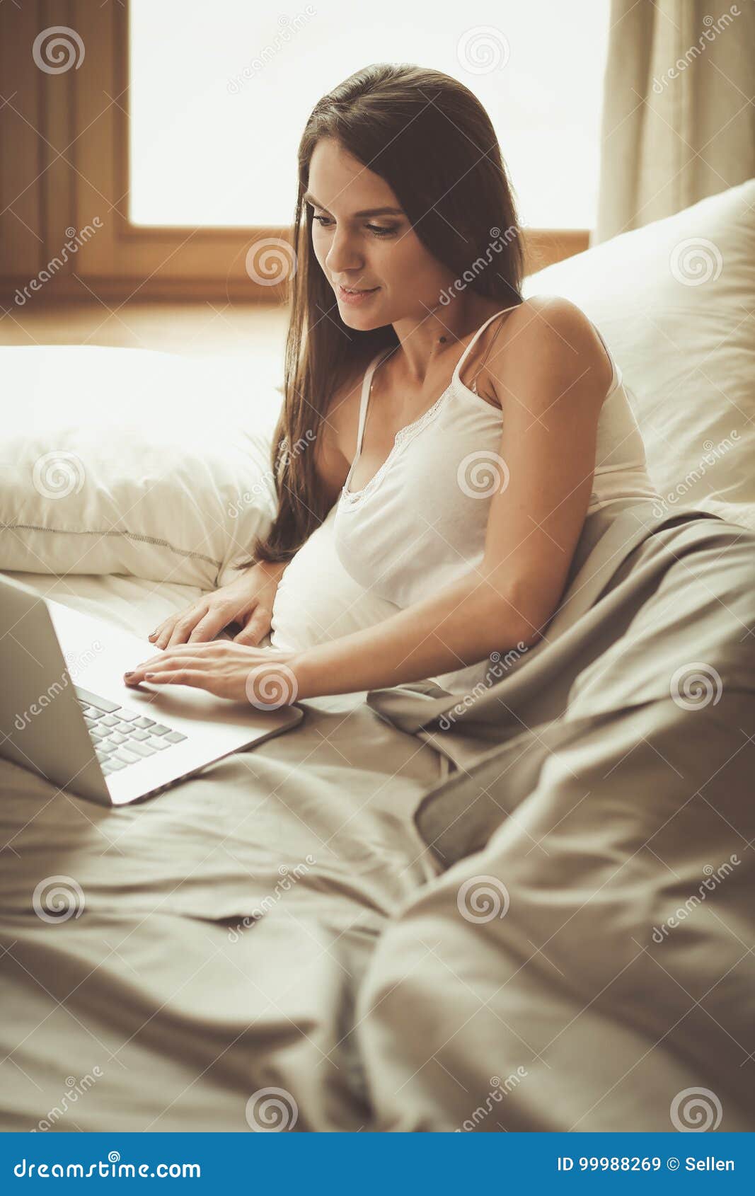 Beautiful Brunette Lying On Bed At Home Stock Image Image Of Breast
