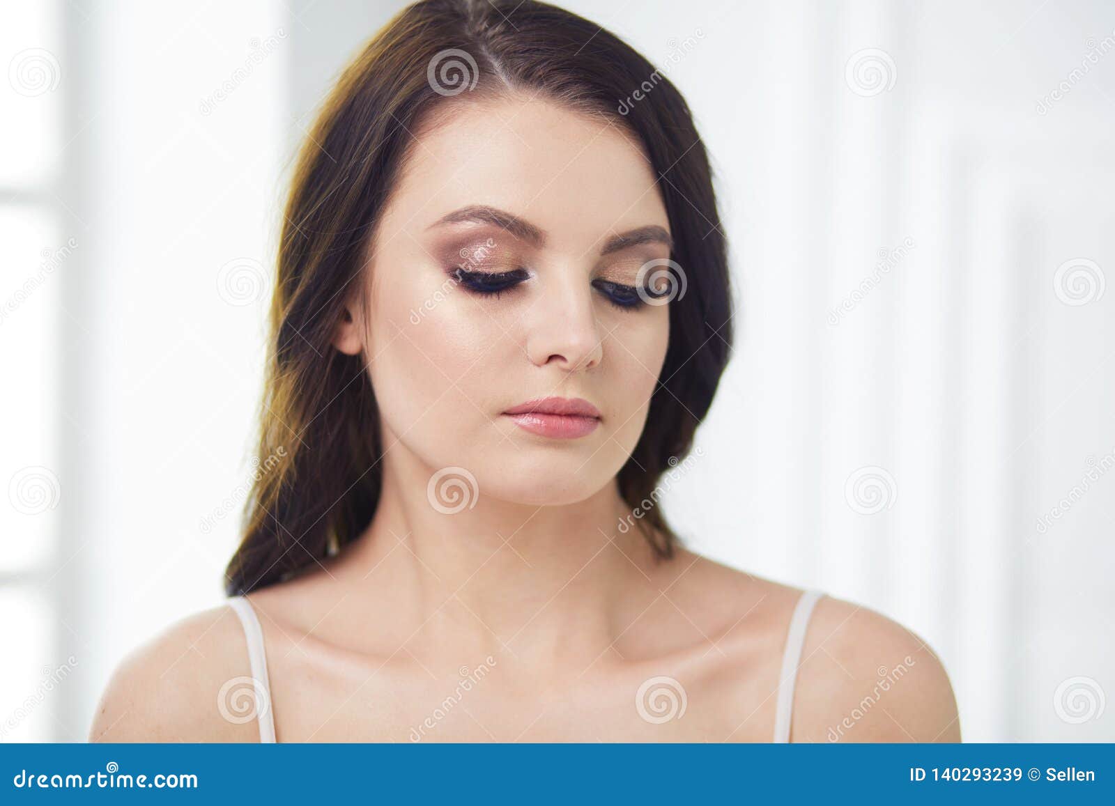 Beautiful Brunette Lying On Bed At Home Stock Image Image Of Breast