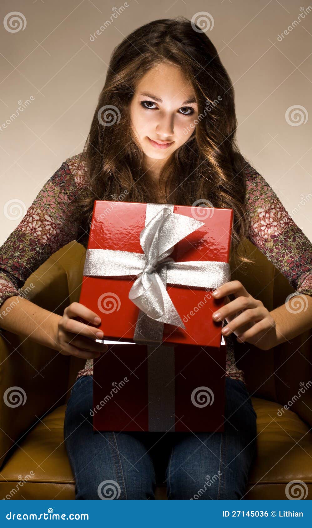 Beautiful Brunette Peeking Inside Gift Box. Stock Photo - Image of lady ...