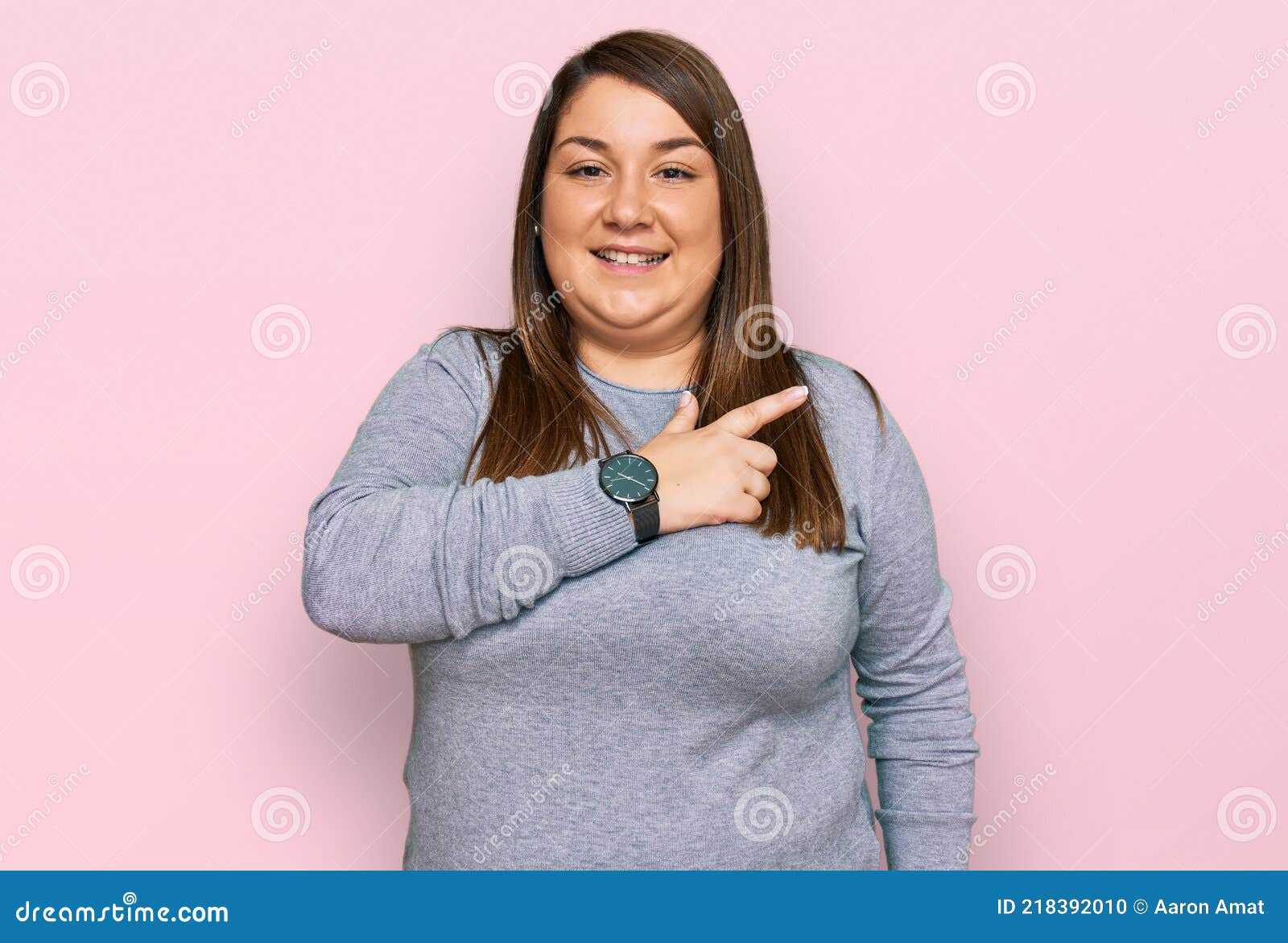 Beautiful Brunette Plus Size Woman Wearing Casual Clothes Cheerful With