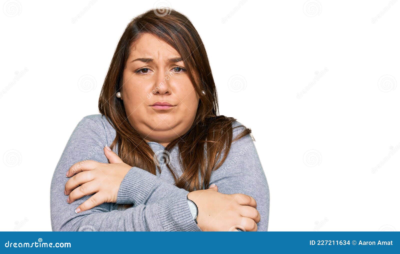 Beautiful Brunette Plus Size Woman Wearing Casual Clothes Shaking And