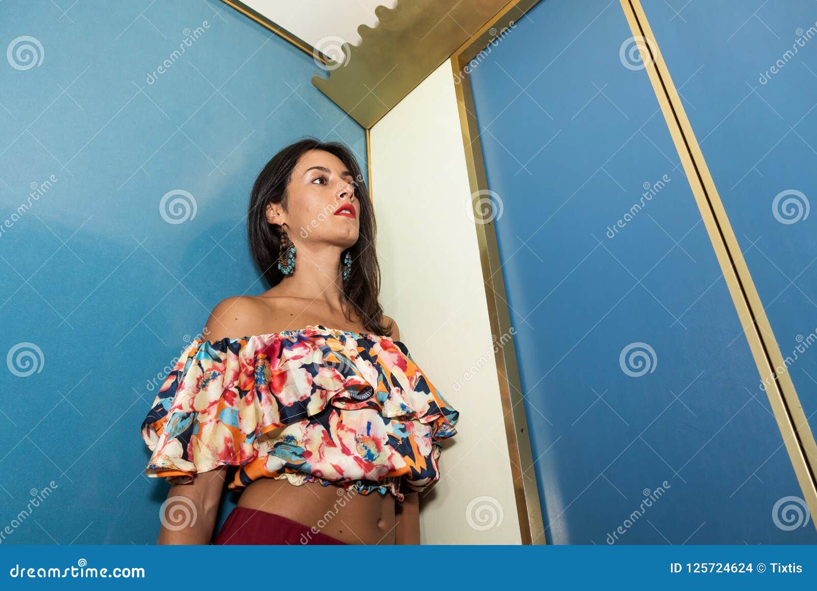 Beautiful Brunette Posing Inside an Elevator Stock Photo - Image of ...
