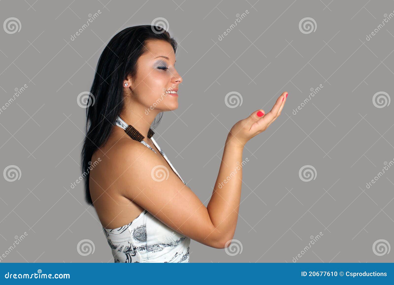 Beautiful Brunette Profile with Hand Raised Stock Photo - Image of ...