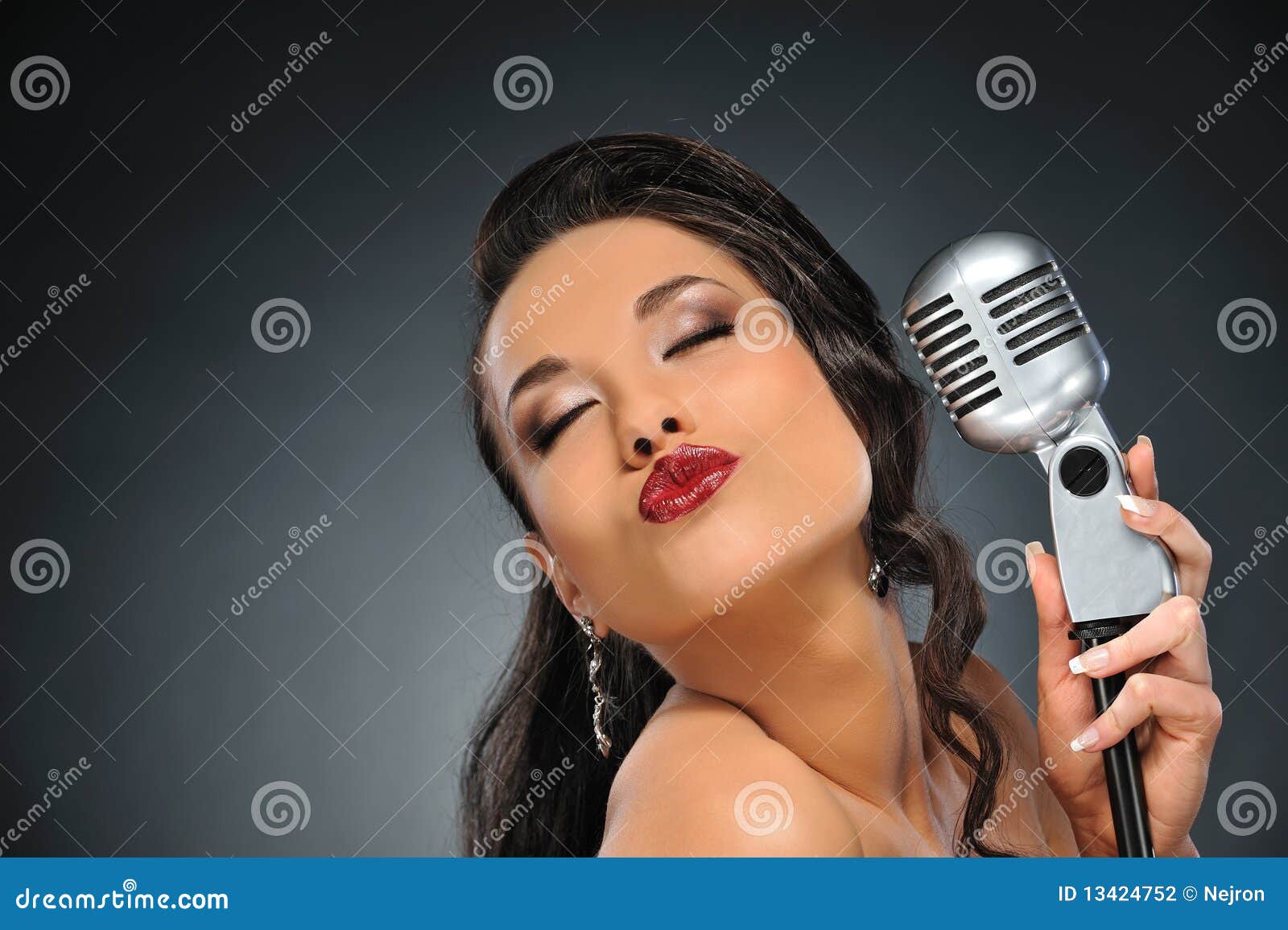 Beautiful Brunette with a Retro Microphone Stock Photo - Image of ...