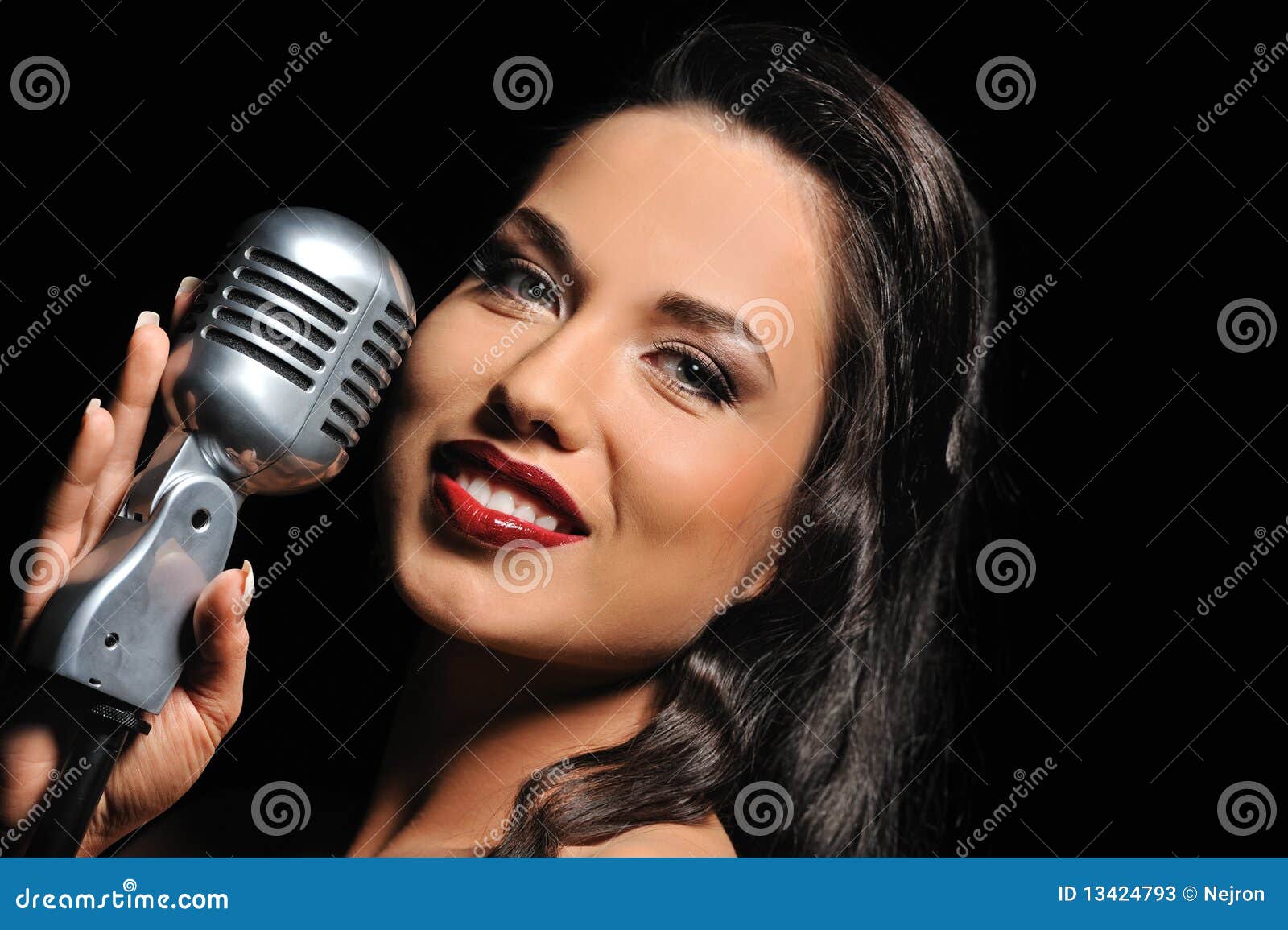 Beautiful Brunette with a Retro Microphone Stock Image - Image of audio ...