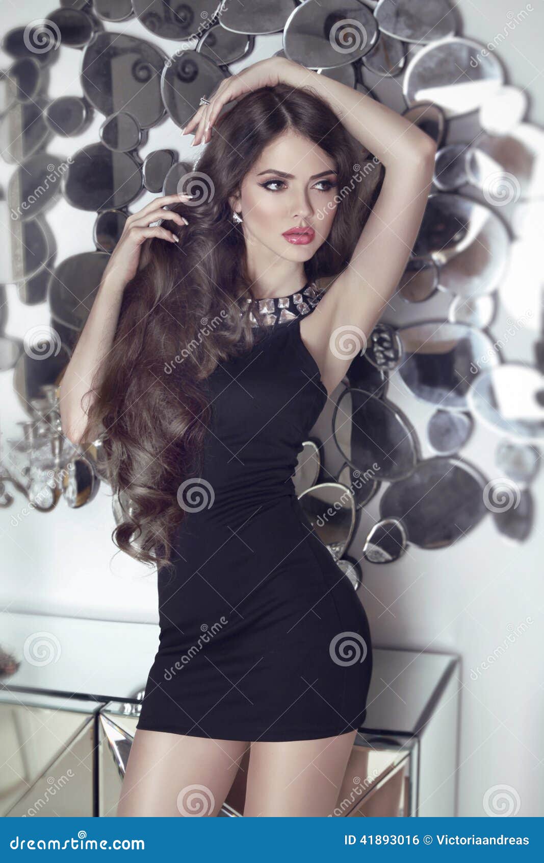 Beautiful Brunette Sensual Girl Model In Short Black Dress Posing