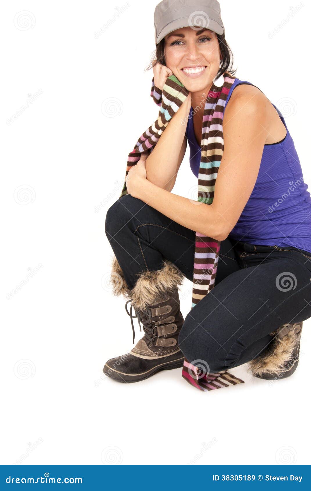 Beautiful Brunette Smiling Crouched Down on Knees Stock Image - Image ...