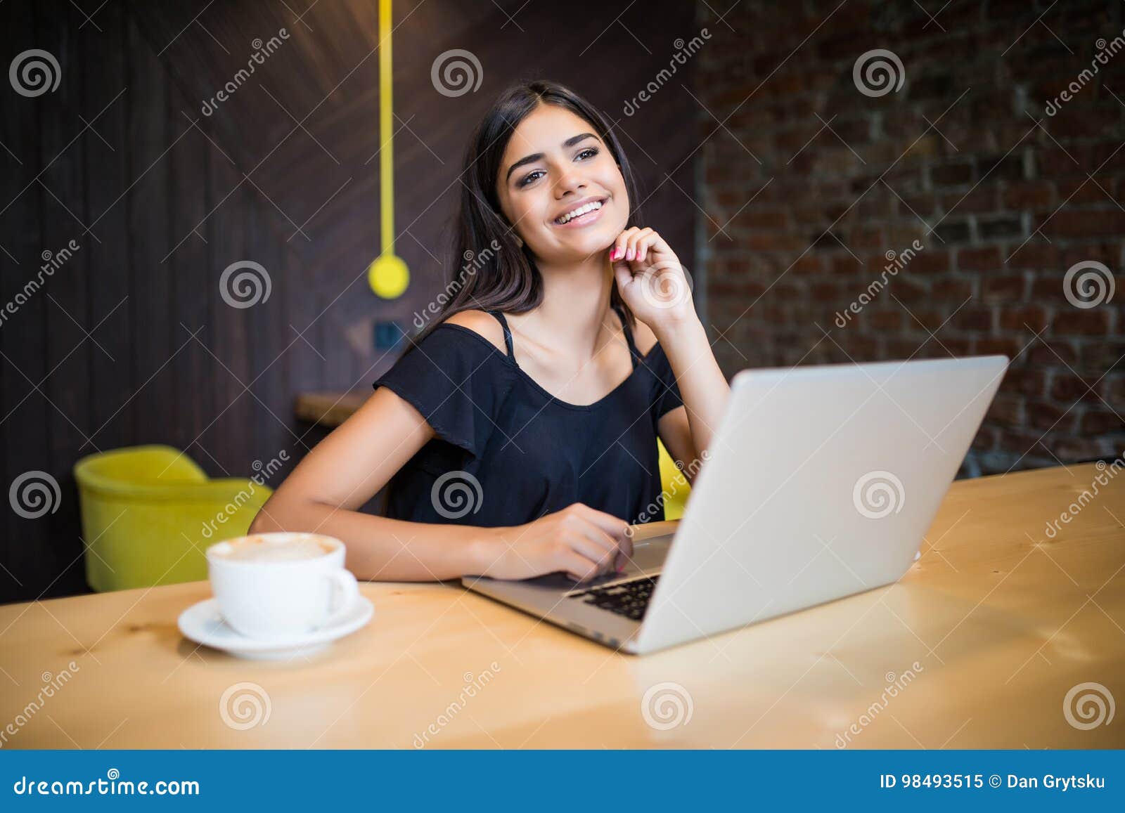 Beautiful Brunette Using Notebook in Cafe Stock Image - Image of ...