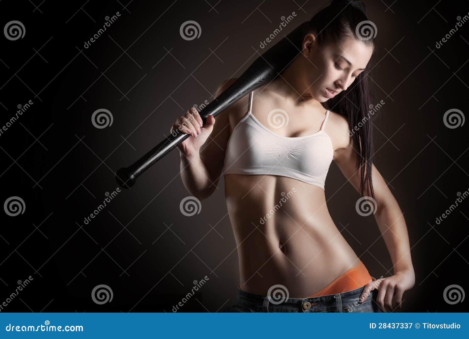 Beautiful Brunette Woman With Baseball Bat Stock Image Image Of Black