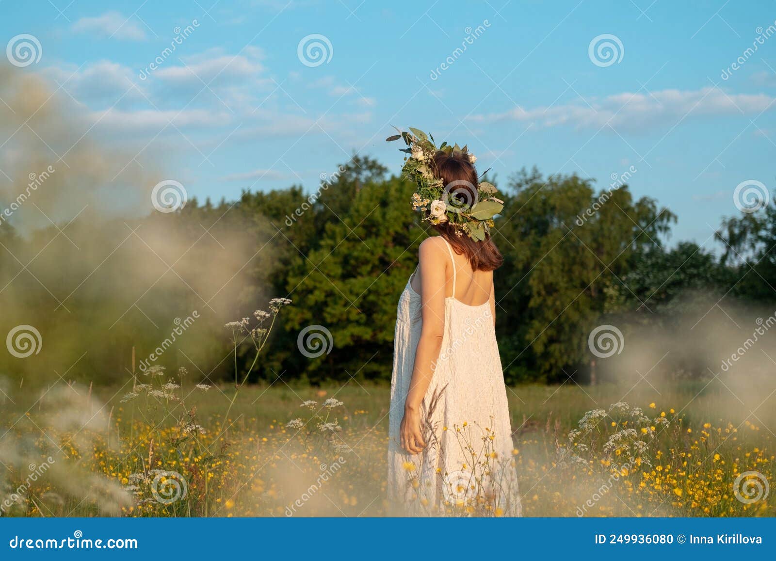Beautiful Brunette Woman In Flower Wreath Summer Solstice Day