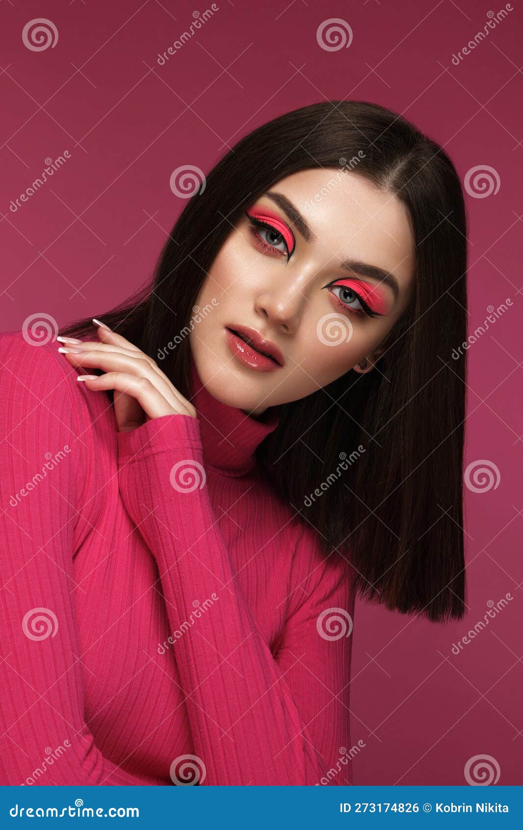 Beautiful Brunette Woman In Pink Clothes With Pink Fashion Make Up