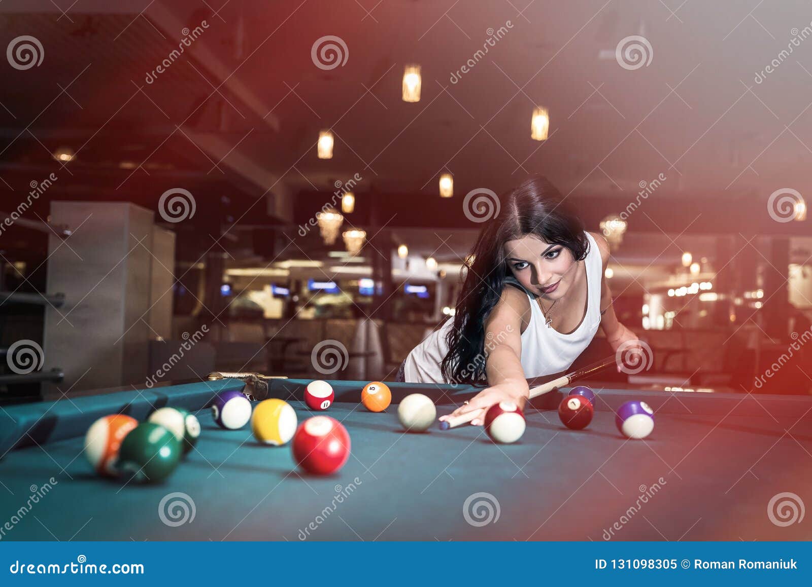 Beautiful Brunette Woman Playing Billiard In Pub Stock Image Image Of
