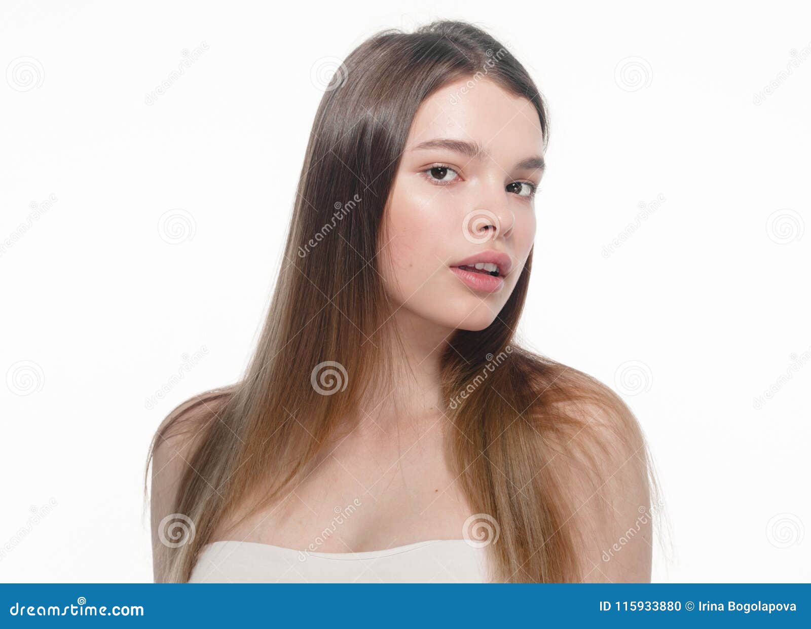 Beautiful Brunette Woman Portrait With Healthy Hair Clear Fresh Stock