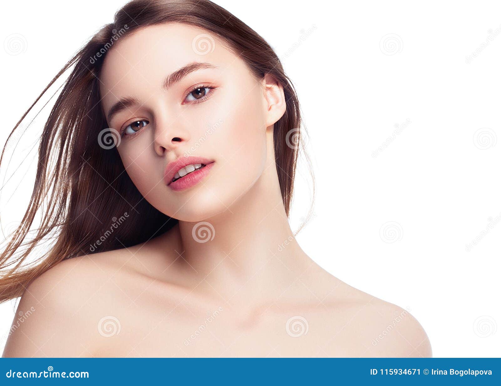 Beautiful Brunette Woman Portrait With Healthy Hair Clear Fresh Stock