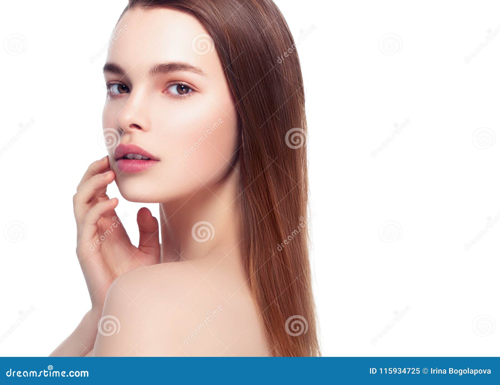Beautiful Brunette Woman Portrait With Healthy Hair Clear Fresh Stock