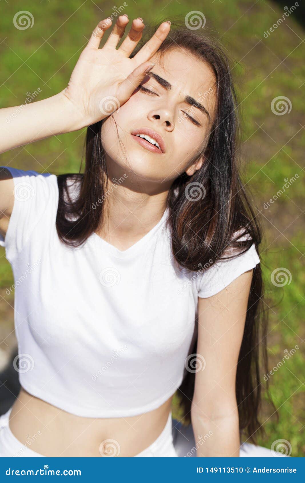 Beautiful Brunette Woman Posing Against Summer Park Bright Sunny