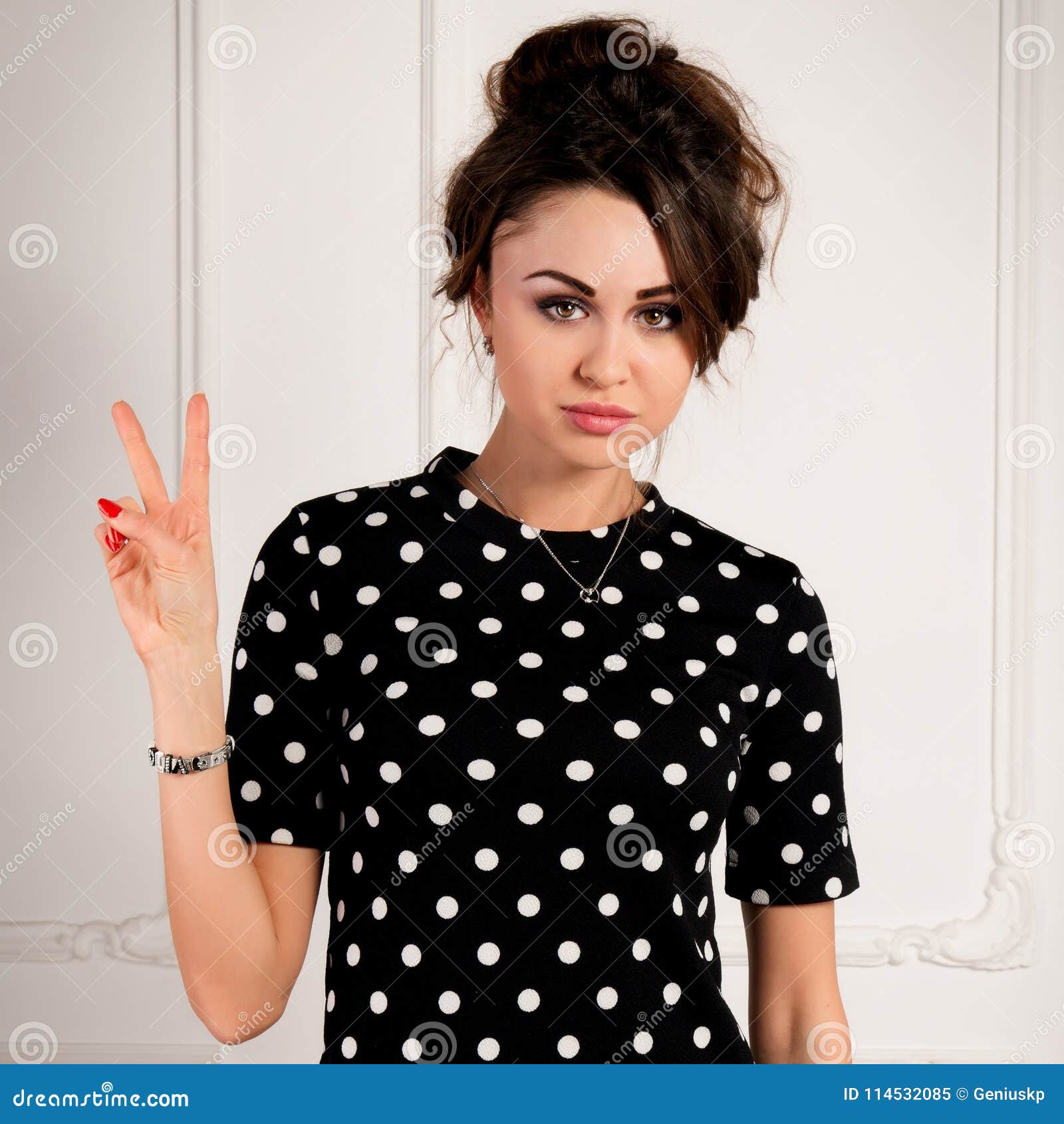 Beautiful Brunette Woman Showing Victory Sign Stock Image Image Of