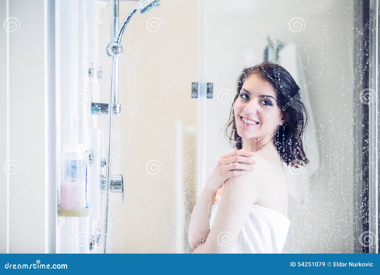Beautiful Brunette Woman Taking Shower After Long Stressful Day Woman