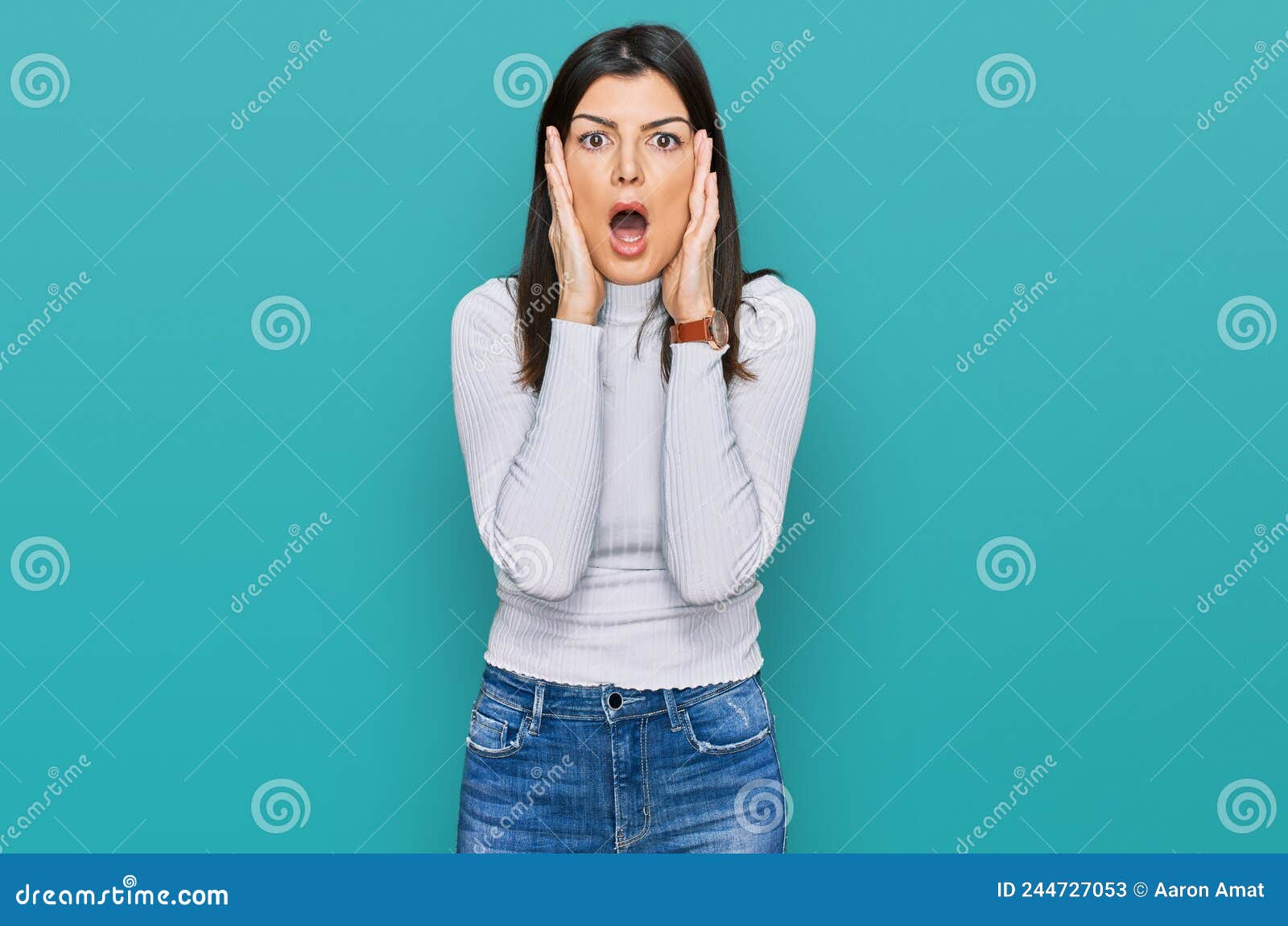 Beautiful Brunette Woman Wearing Casual Clothes Afraid And Shocked