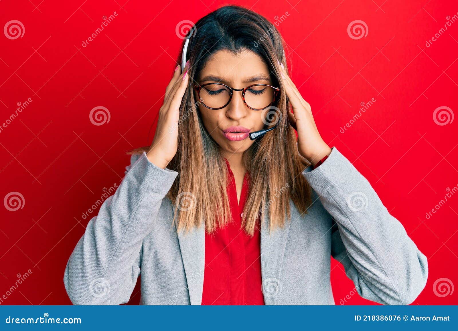Beautiful Brunette Woman Working At The Office Wearing Operator Headset