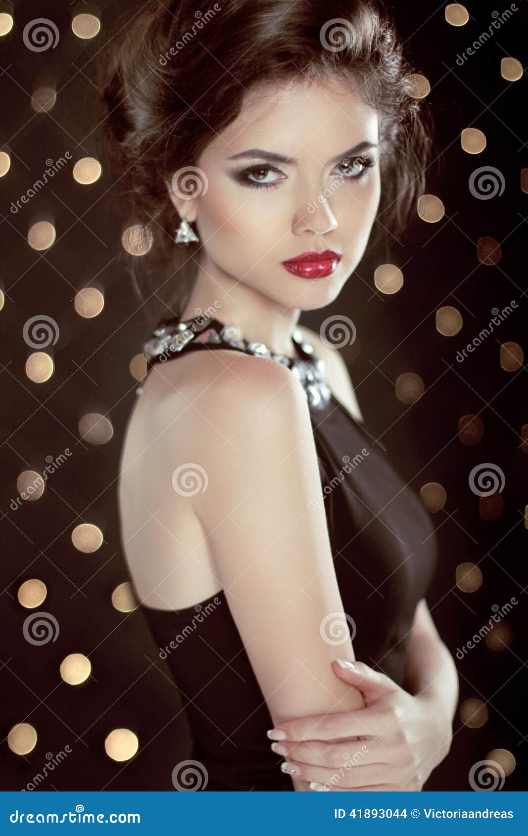 Beautiful Brunette Young Woman Fashion Glam Girl Model Over Bokeh