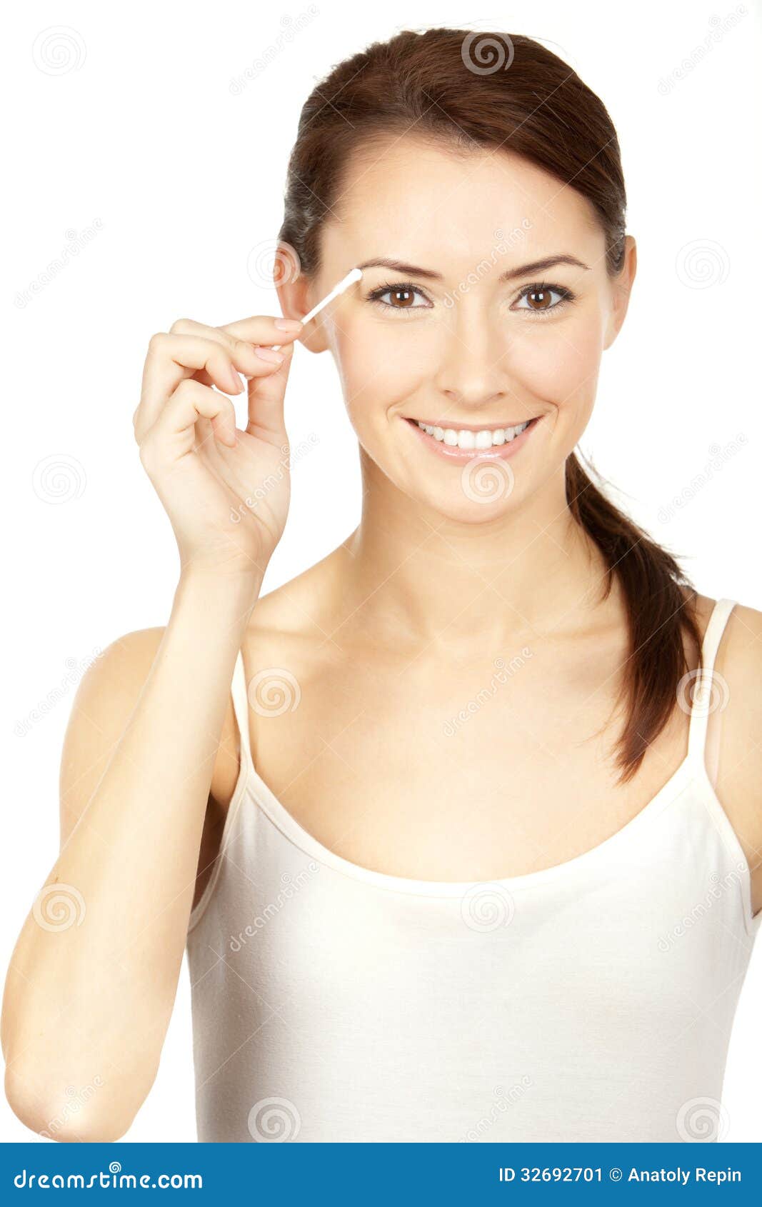 Beautiful Brunette Young Woman Using Cotton Buds Stock Image - Image of ...