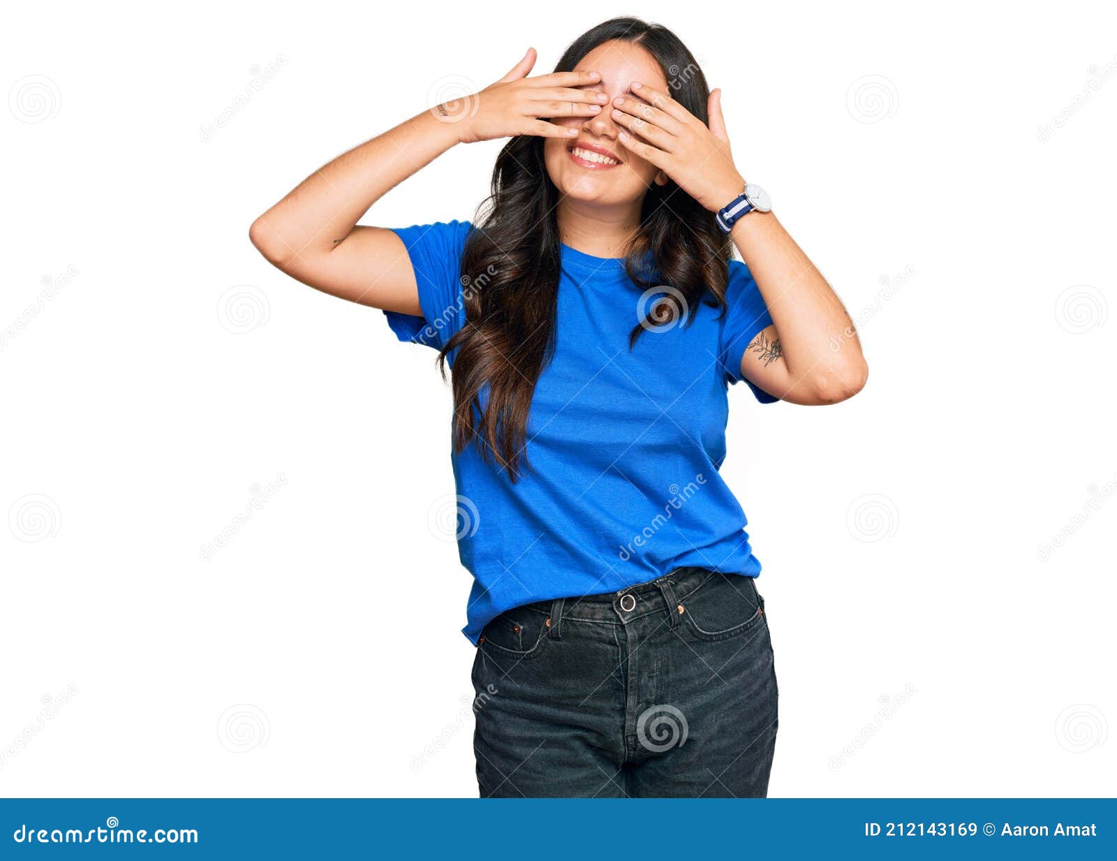 Beautiful Brunette Young Woman Wearing Casual Clothes Covering Eyes