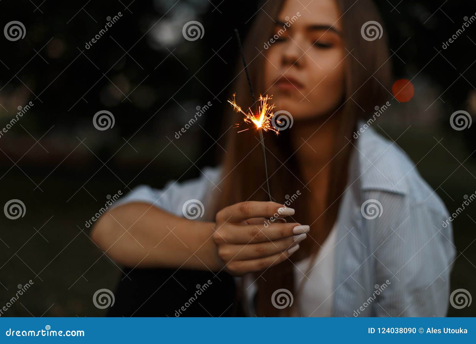 Beautiful Burning Bengali Fire With Sparks In Female Hands Stock Photo ...