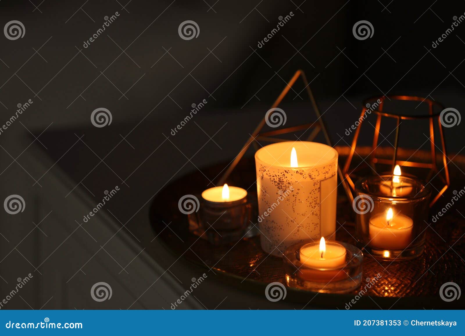 Beautiful Burning Candles and Decor on Table at Home. Space for Text ...