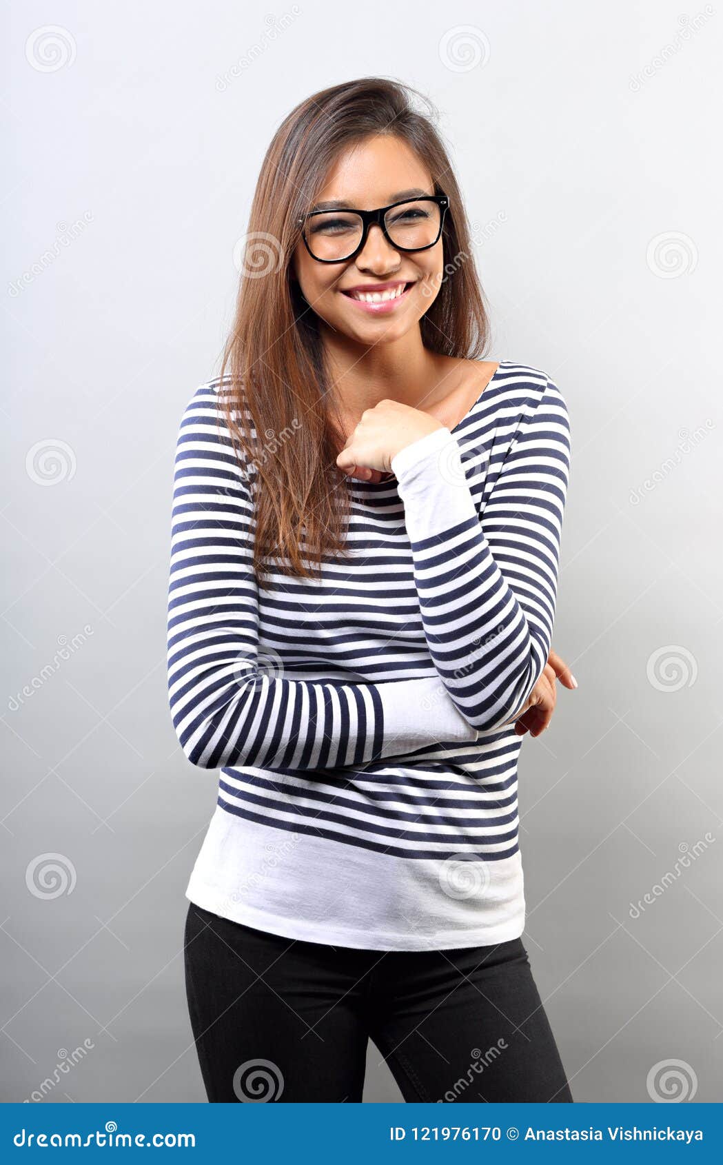 Beautiful Business Latina Woman In Glasses Toothy Smile With Fol Stock