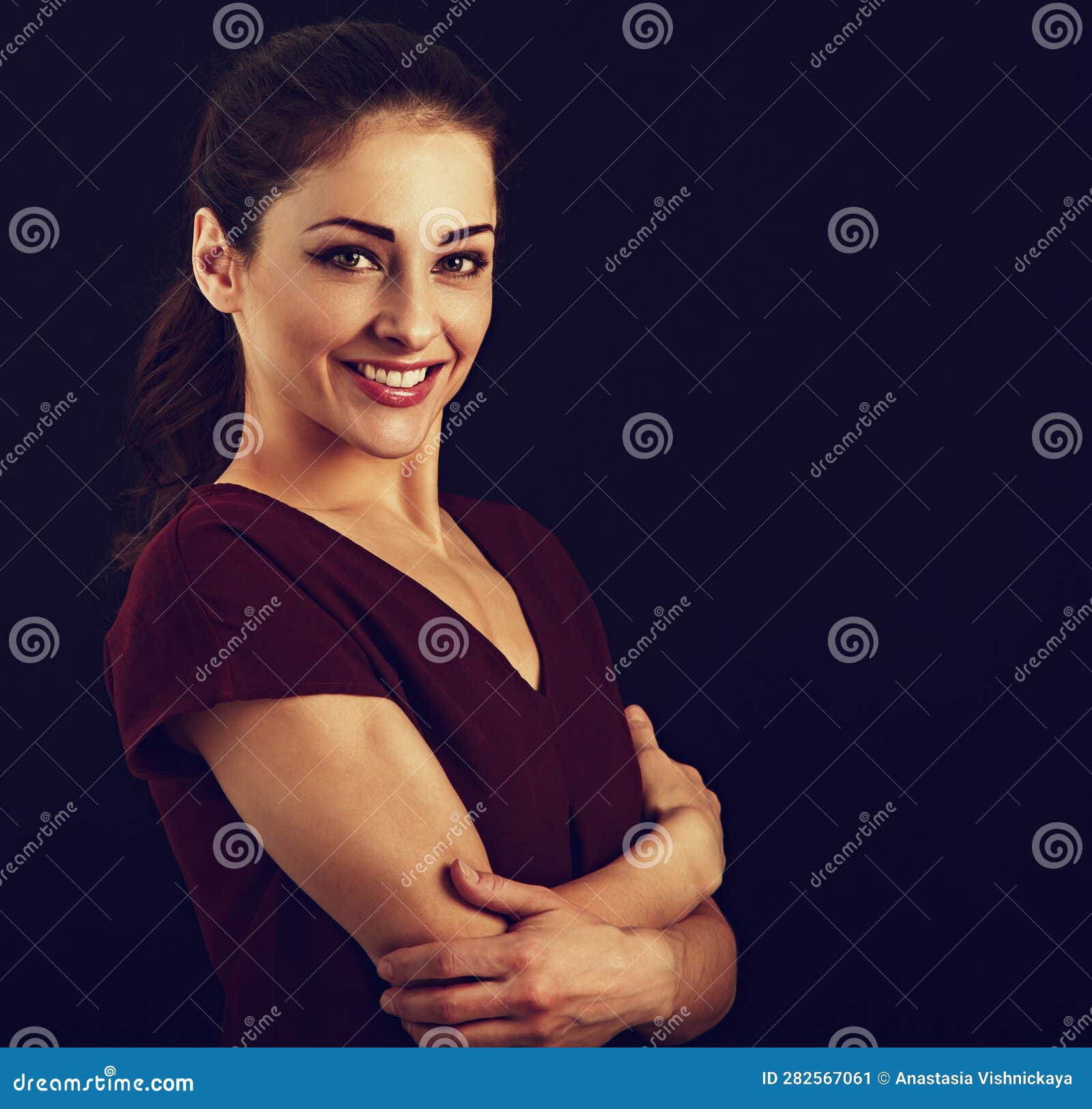 Beautiful Business Toothy Enjoying Laughing Woman With Long Brown