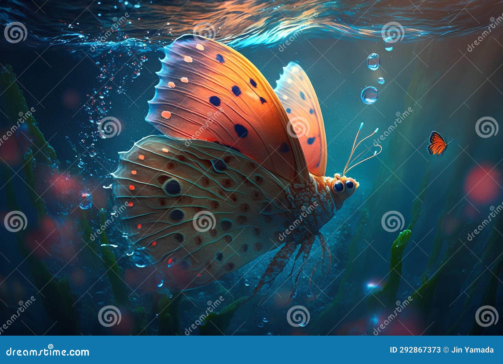 Beautiful Butterfly in the Deep Blue Sea. 3d Illustration Stock ...