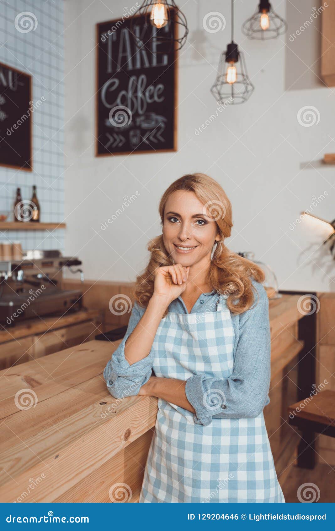 Attractive Cheerful Cafe Owner in Apron Smiling Stock Photo - Image of ...