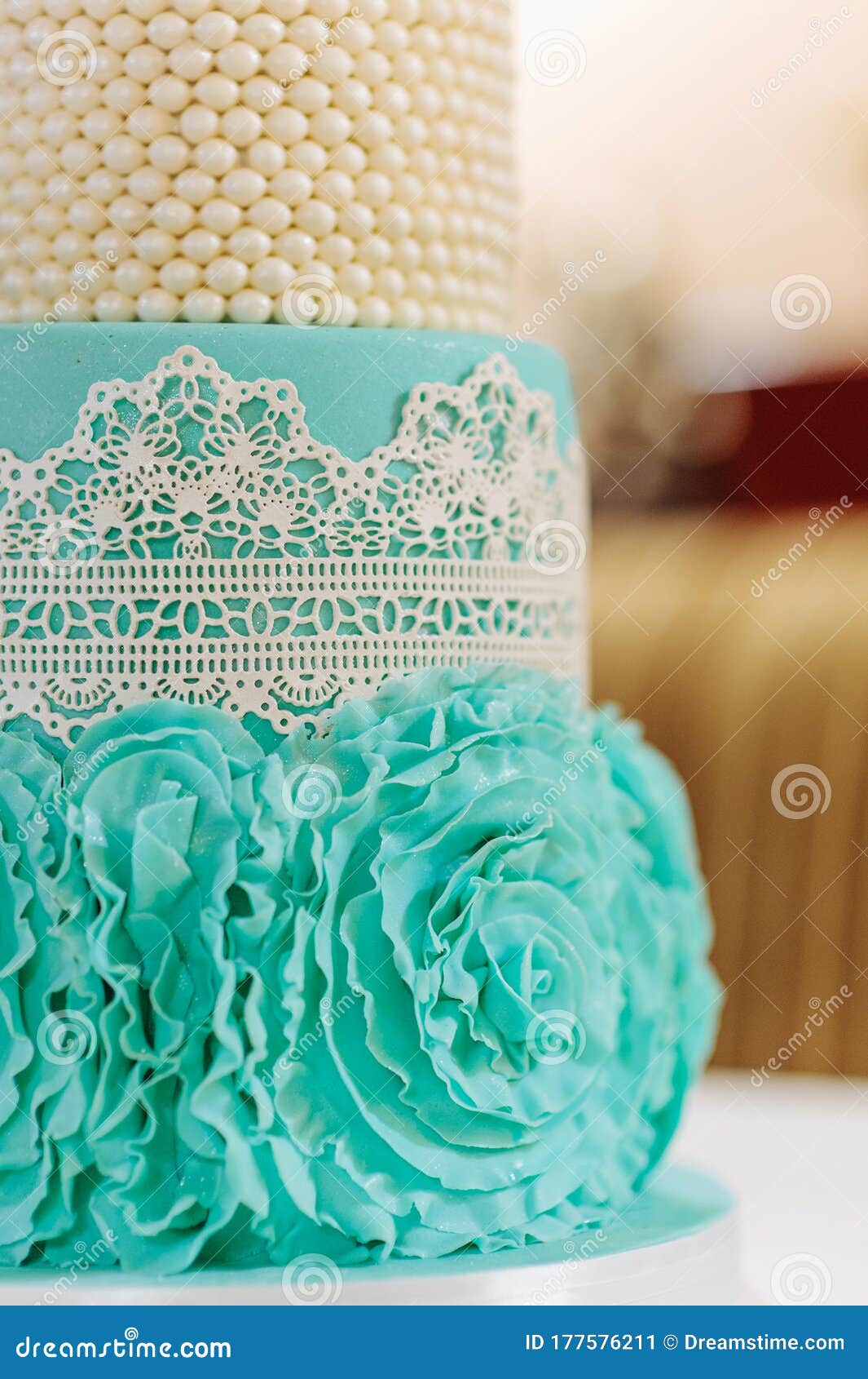 Close-up of a Turquoise Cake with White Decor Stock Image - Image of ...