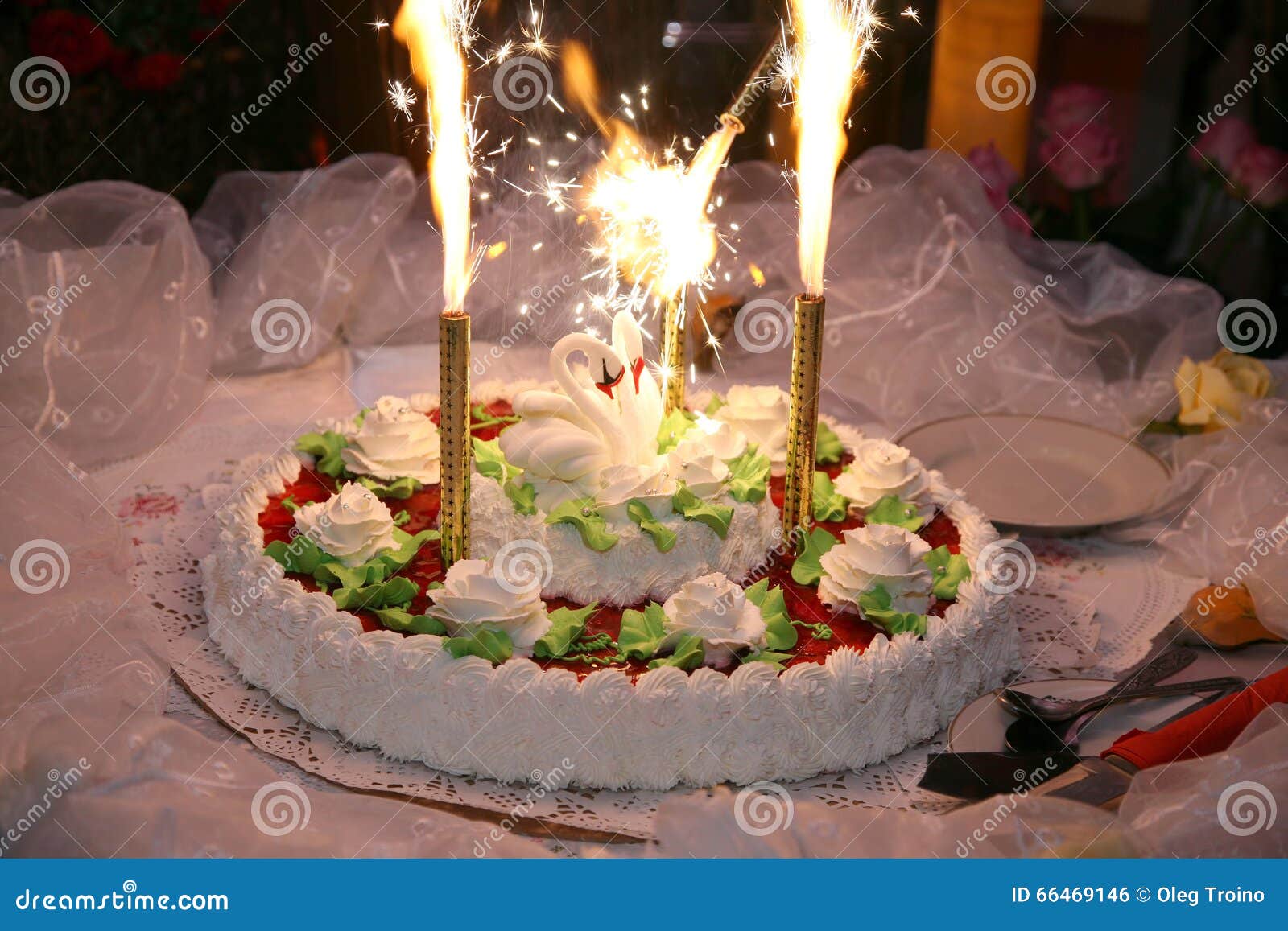 Beautiful Cake for Wedding with Figures of Swans and Burning Fla Stock ...