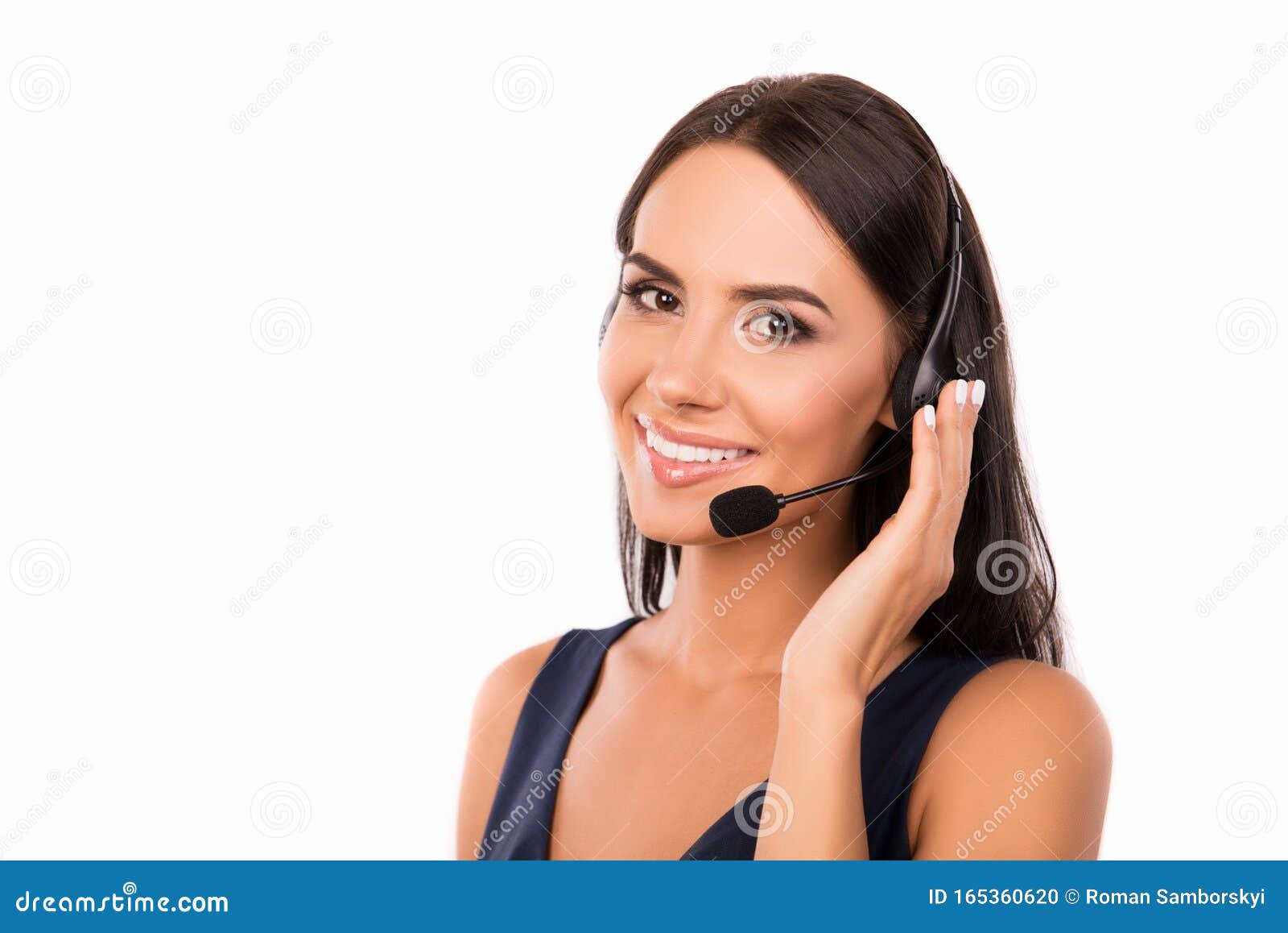 Beautiful Call Center Operator with Microphone and Headphone Smiling ...