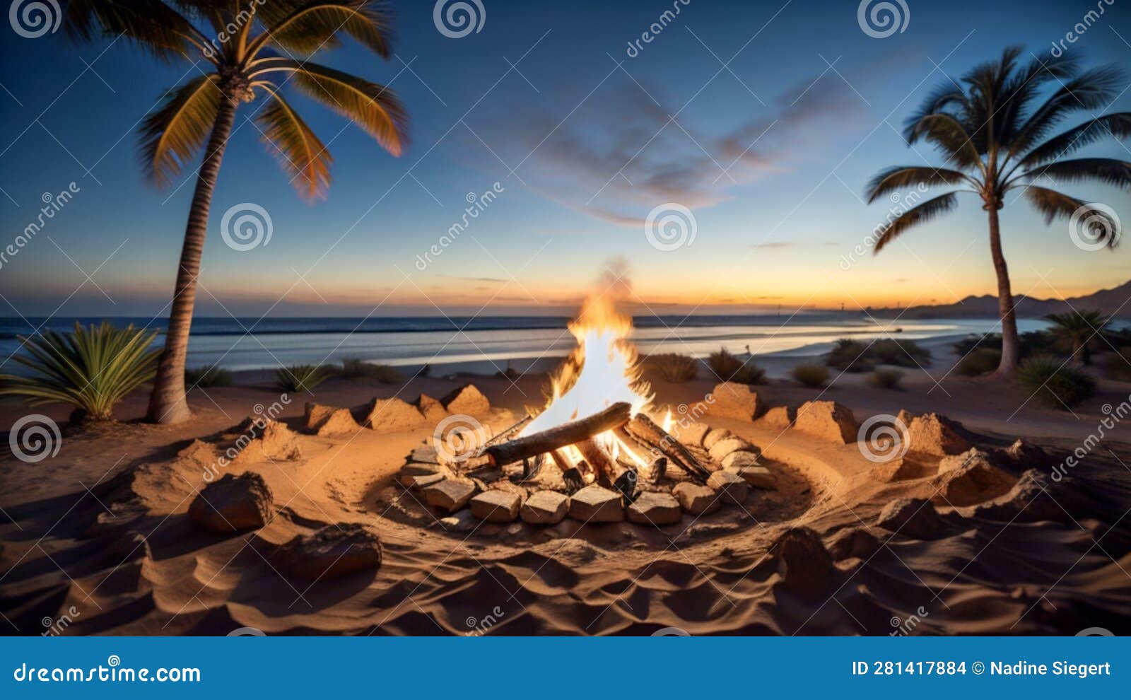 Beachview With Campfire And Palm Trees Royalty-Free Stock Image ...