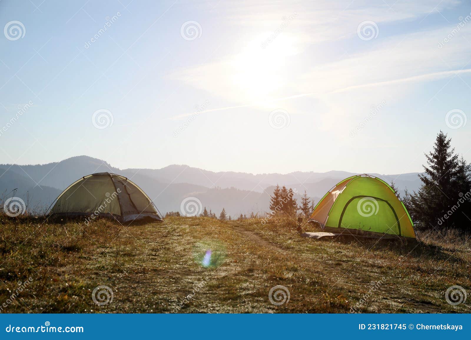Beautiful Camping Tents in Mountains on Sunny Day Stock Image - Image ...
