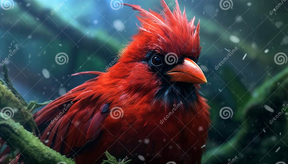 A Beautiful Cardinal Perching on a Snowy Branch, Looking at Camera ...