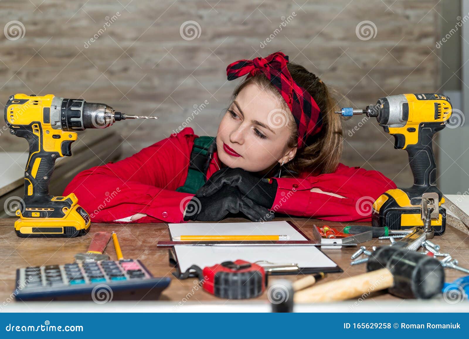 Beautiful Carpenter with Different Tools Making New Project Stock Photo ...