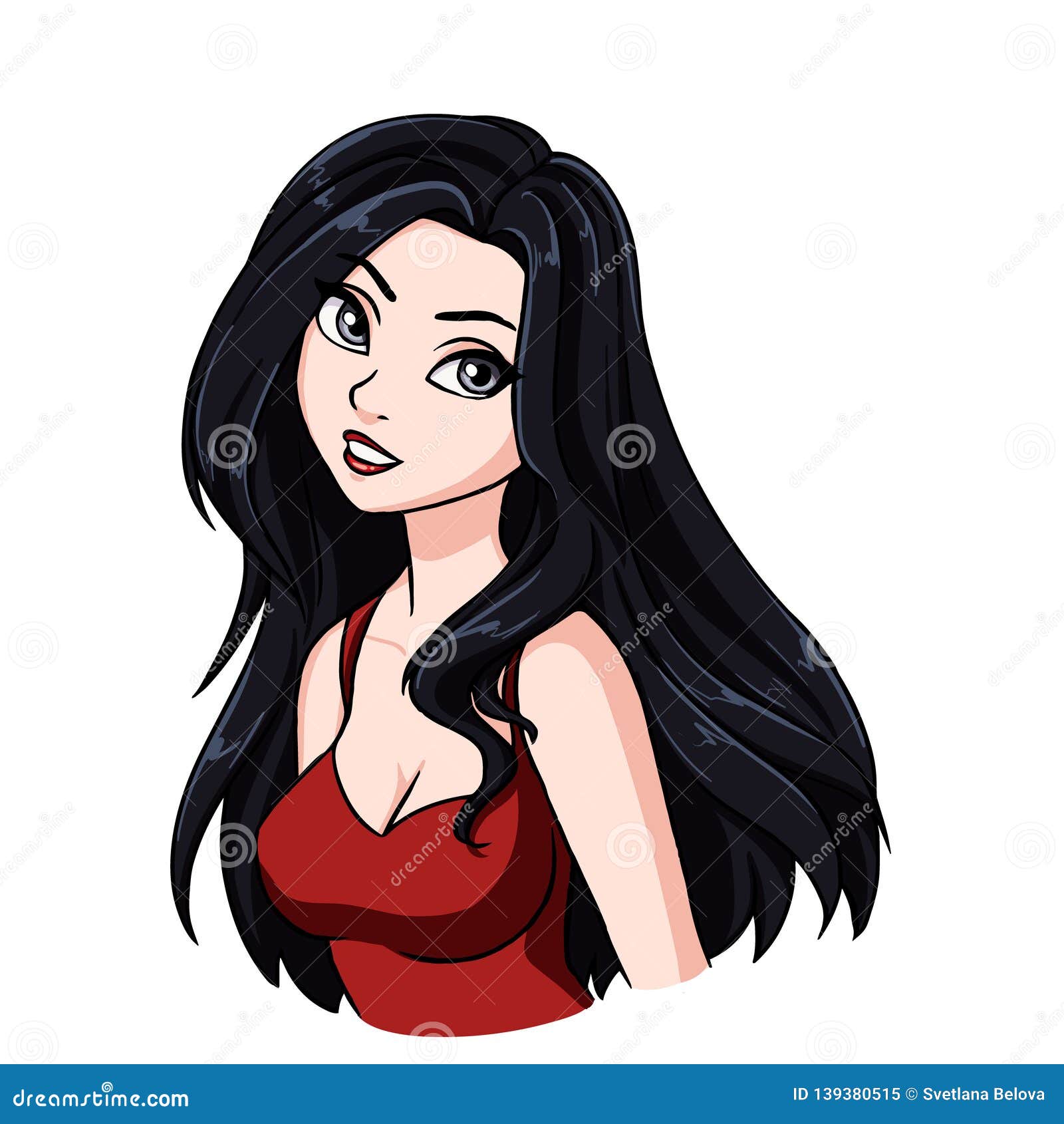 Beautiful Cartoon Smiling Girl Portrait Long Black Hair Big Grey Eyes