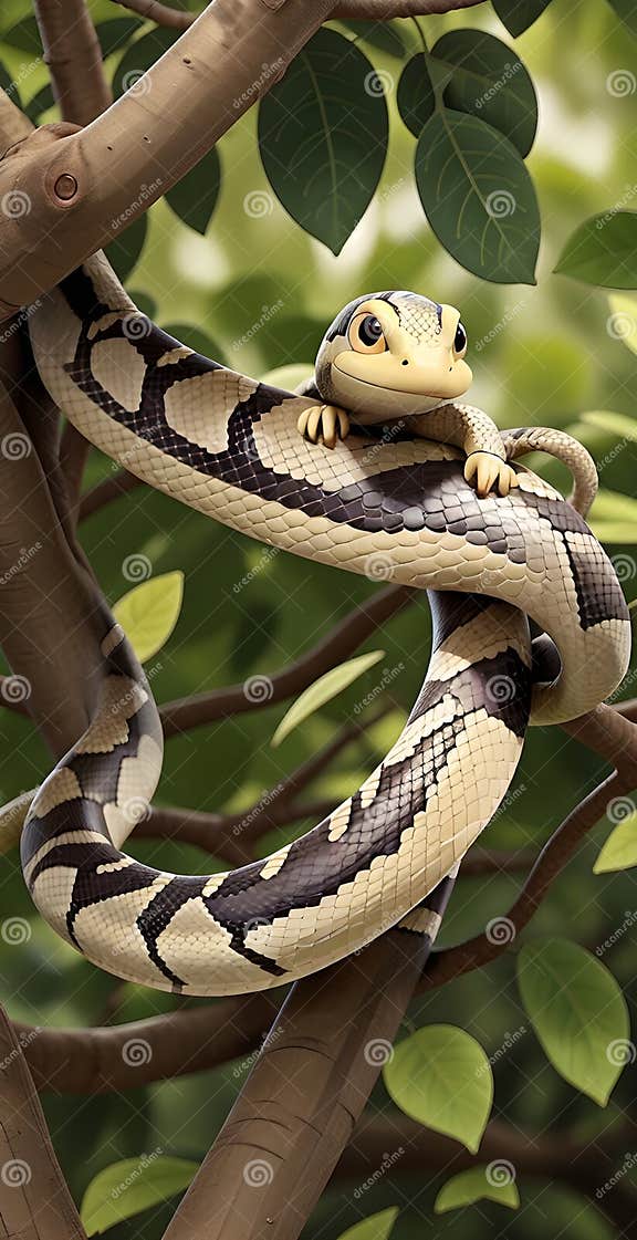 Beautiful Cartoon Snake Python Crawling on Tree Branch. Vertical Photo ...
